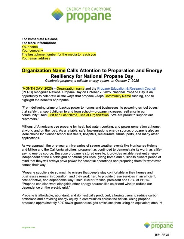 National Propane Day News Release Template | PERC