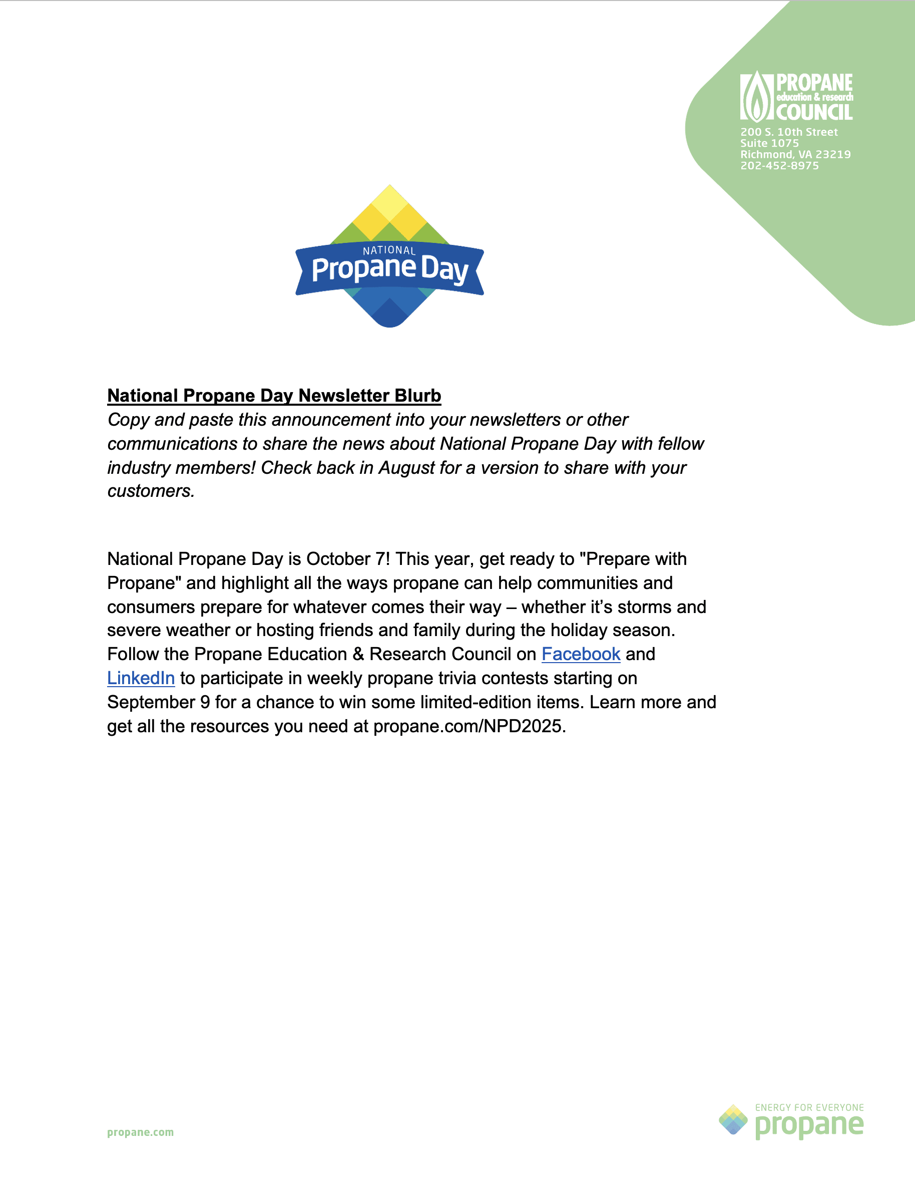 National Propane Day Newsletter Blurb (Industry) | PERC